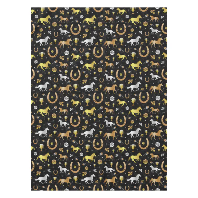 Horse Racing Derby Day Party Black Gold Pattern Tablecloth | Zazzle