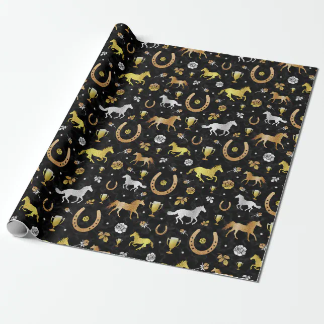 Horse Racing Derby Day Party Black Gold Pattern Wrapping Paper | Zazzle