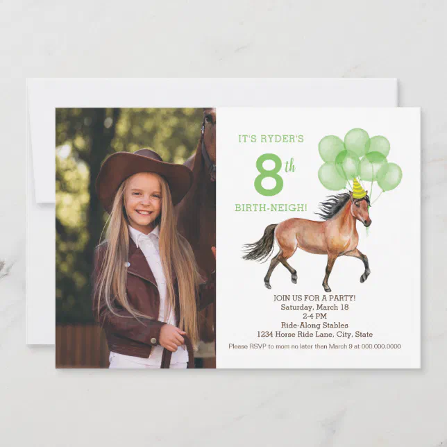 Horse Ride birthday Photo invitation Green | Zazzle
