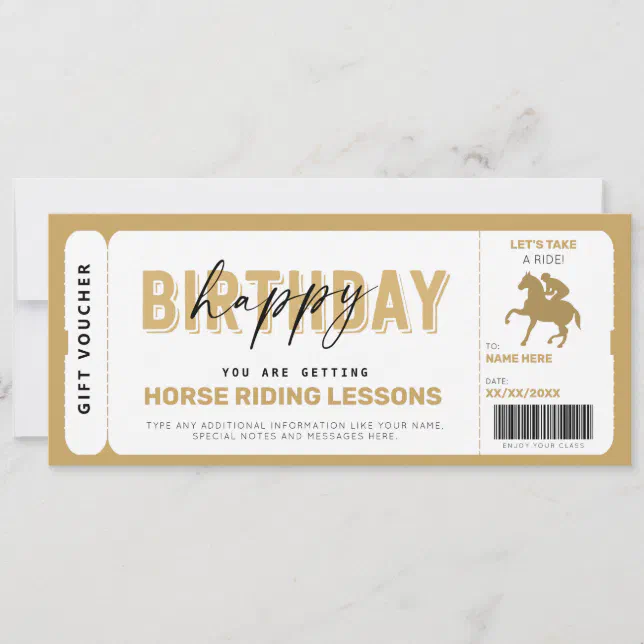 Horse Riding Lessons Gold Gift Ticket Voucher Invitation | Zazzle