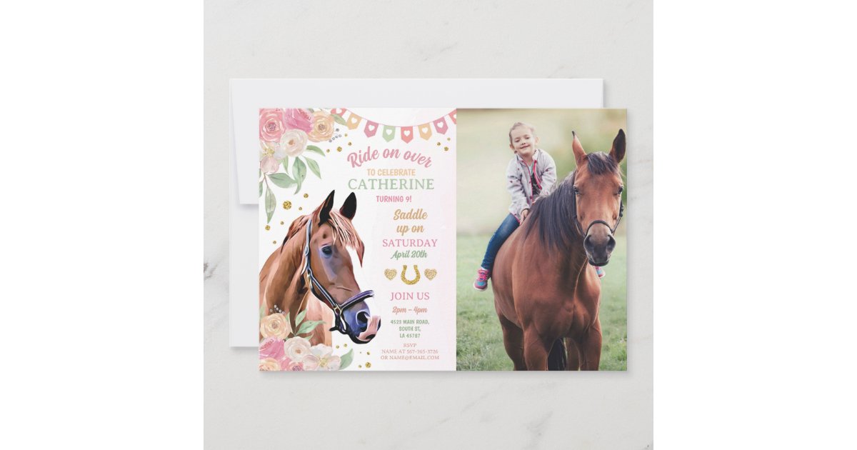 Horse Riding Party Photo Pony Flower Girl Birthday Invitation | Zazzle