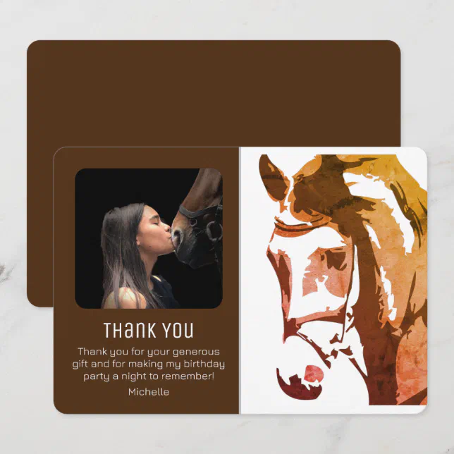 Horse Sketch Modern Brown and White Birthday PHOTO Thank You Card | Zazzle