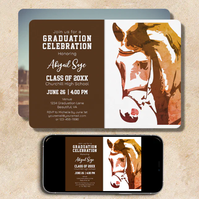 Horse Sketch Modern Brown White Photo Graduation Invitation | Zazzle