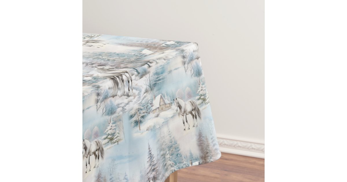Horse winter pattern snowy forest scenery tablecloth | Zazzle