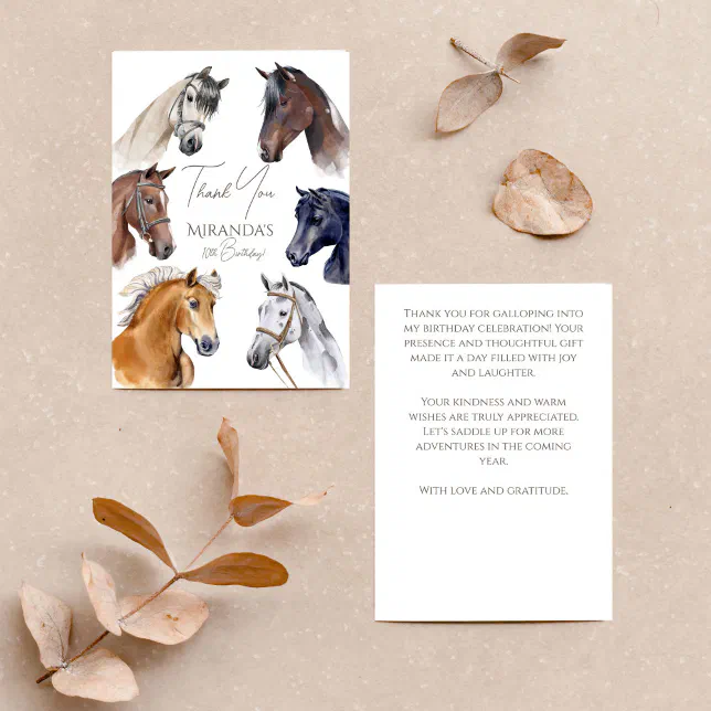 Horses equestrian elegant birthday party thank you card | Zazzle