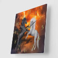 Horses fighting in a bad lightning storm square wall clock | Zazzle