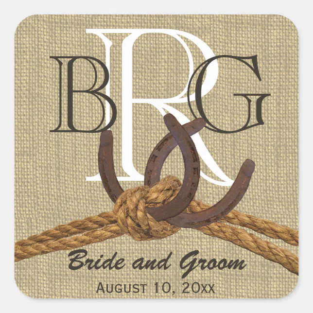 Horseshoe Monogram Rustic Country Rope Square Sticker | Zazzle