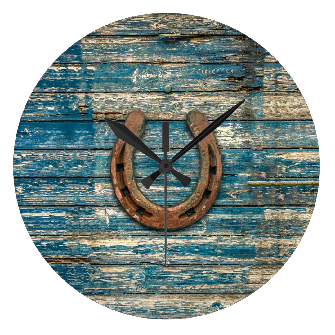 Horseshoe on Blue Wooden Boards Large Clock | Zazzle