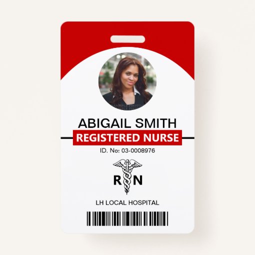 Hospital RN employee caduceus red photo template Badge | Zazzle
