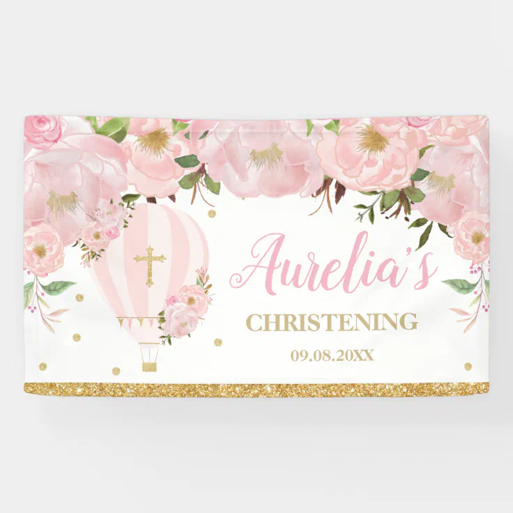 Hot Air Balloon Blush Pink Floral Backdrop Welcome Banner | Zazzle
