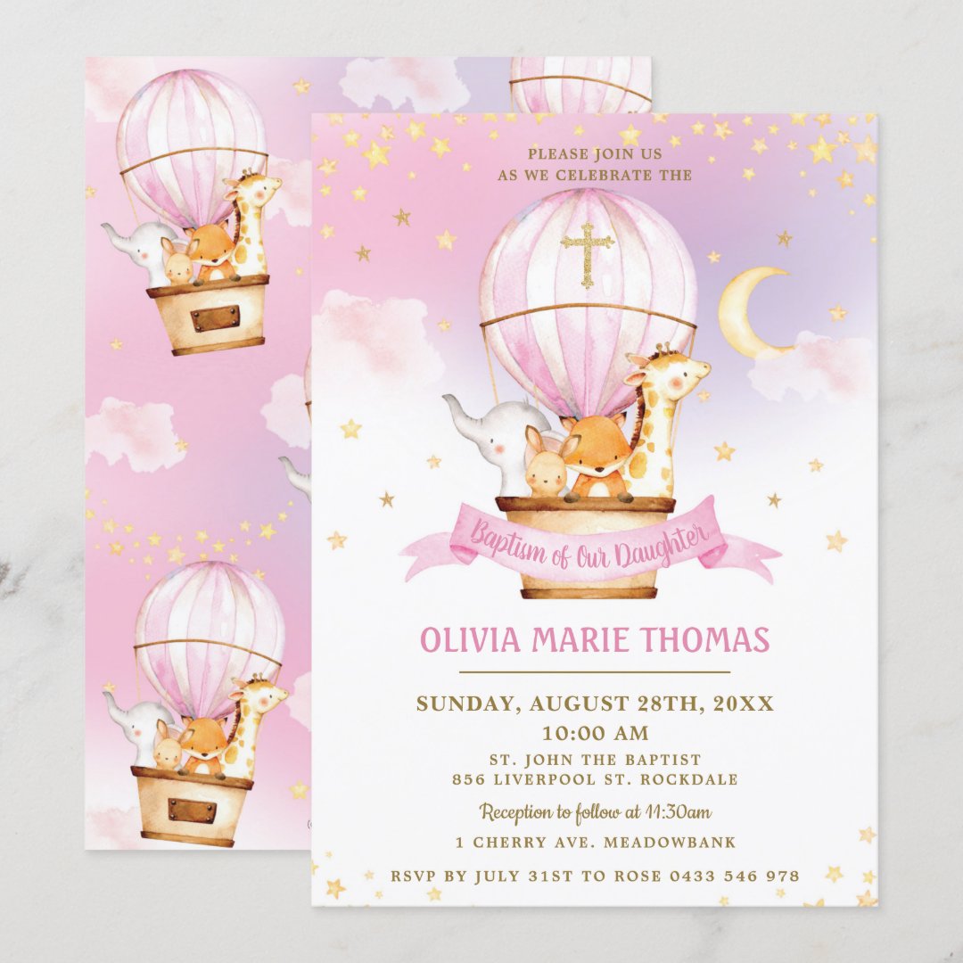 Hot Air Balloon Cute Animals Baptism Christening Invitation | Zazzle