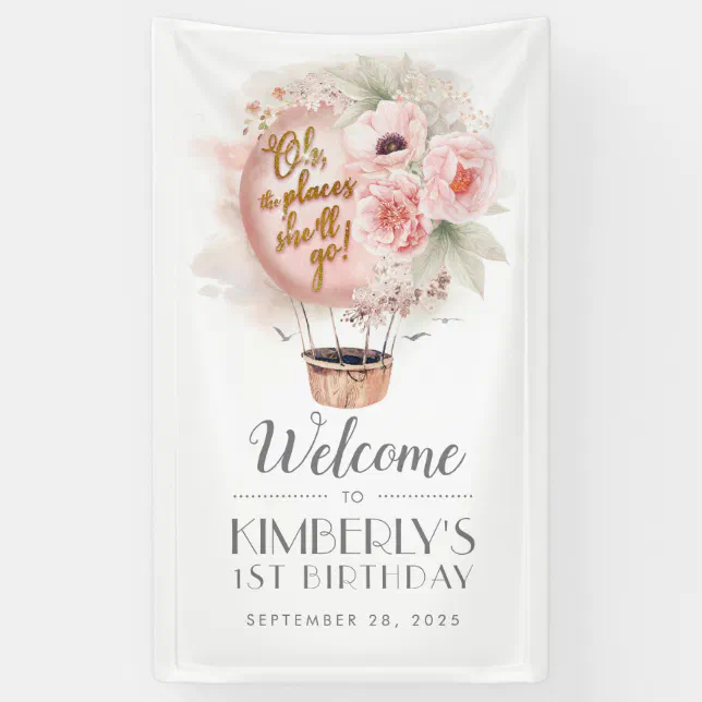 Hot Air Balloon Floral Birthday Party Welcome Banner | Zazzle