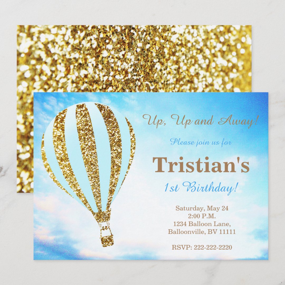 Hot air balloon invitation in blue and gold | Zazzle