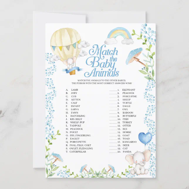 Hot Air Balloon Match The Baby Animals Game Invitation | Zazzle