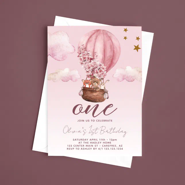 Hot Air Balloon Pink Floral 1st Birthday Invitation | Zazzle