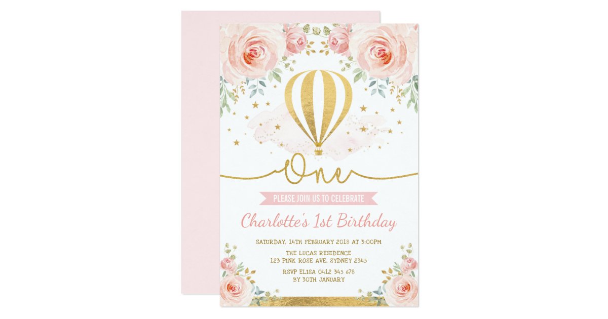 Hot Air Balloon Pink Gold Floral Girl 1st Birthday Invitation