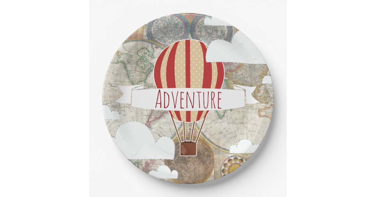 Hot Air Balloon & World Map Vintage Adventure Paper Plates | Zazzle