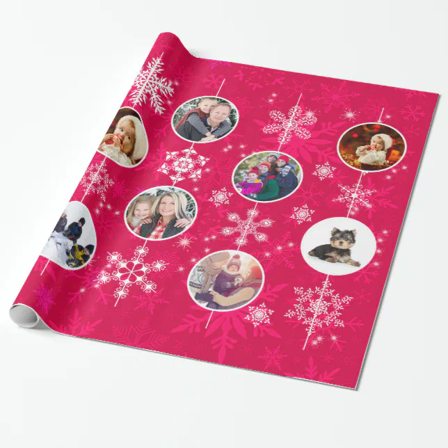 Hot Christmas Pink Family Photos Snowflake Design Wrapping Paper | Zazzle