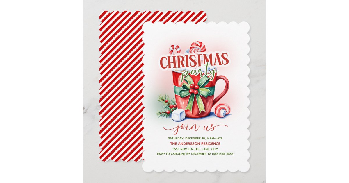 Hot Cocoa Candy Cane Christmas Party Invitation | Zazzle