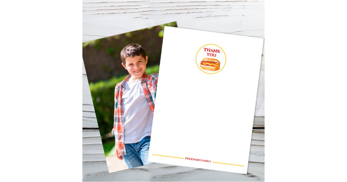 Hot Dog Photo Thank You Card – Kids BBQ Cookout Bi | Zazzle