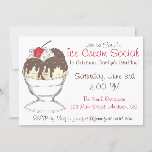 Hot Fudge Sundae Ice Cream Social Birthday Party Invitation | Zazzle