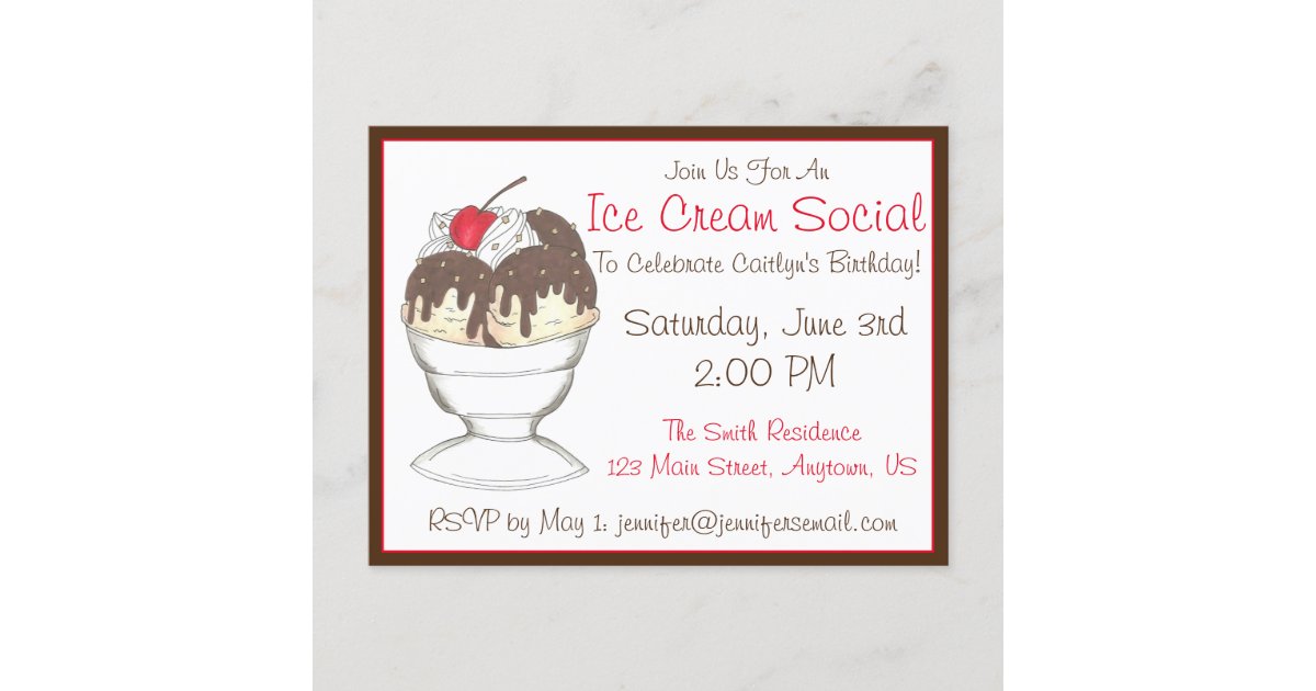 Hot Fudge Sundae Ice Cream Social Birthday Party Invitation Postcard ...
