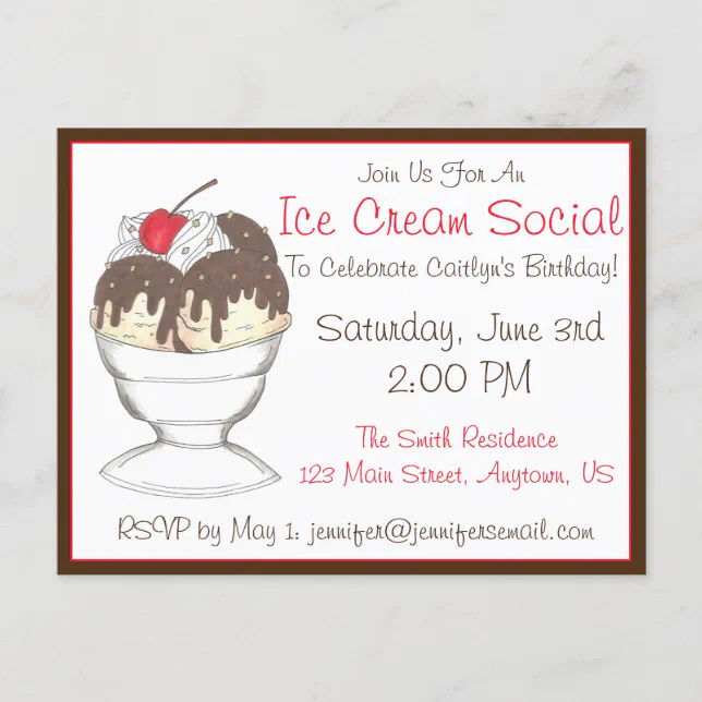 Hot Fudge Sundae Ice Cream Social Birthday Party Invitation Postcard ...
