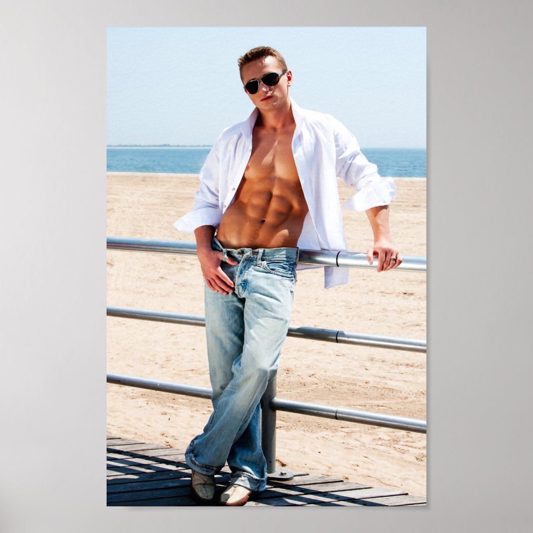 Hot Guy Beach Boardwalk Sexy Shirtless Muscle Man Poster | Zazzle