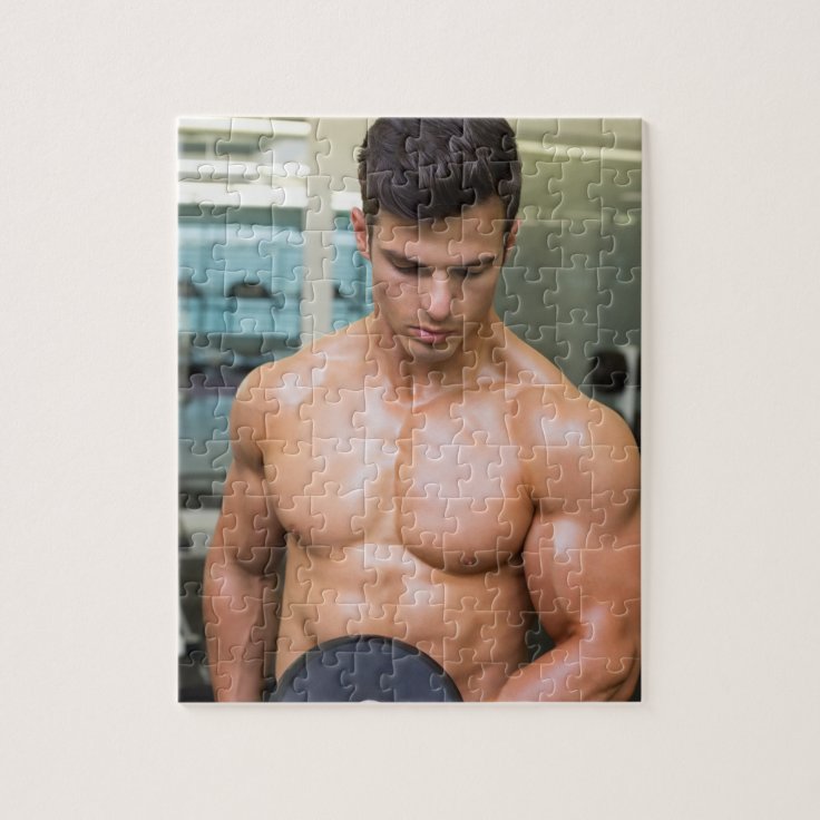 Hot Guy Lifts Barbell Sexy Shirtless Muscle Man+ Jigsaw Puzzle | Zazzle