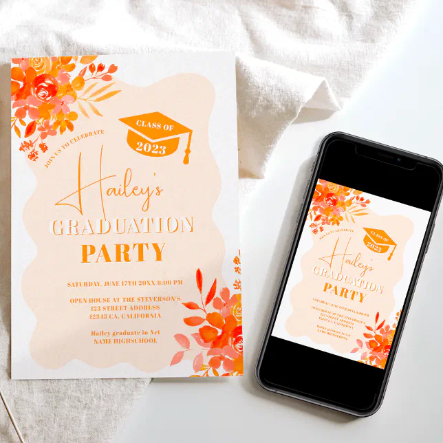 Hot orange wavy frame boho floral graduation invitation | Zazzle