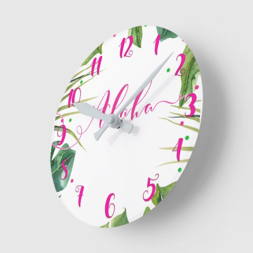 Hot Pink ALOHA Tropical Leaves Botanical Round Clock | Zazzle