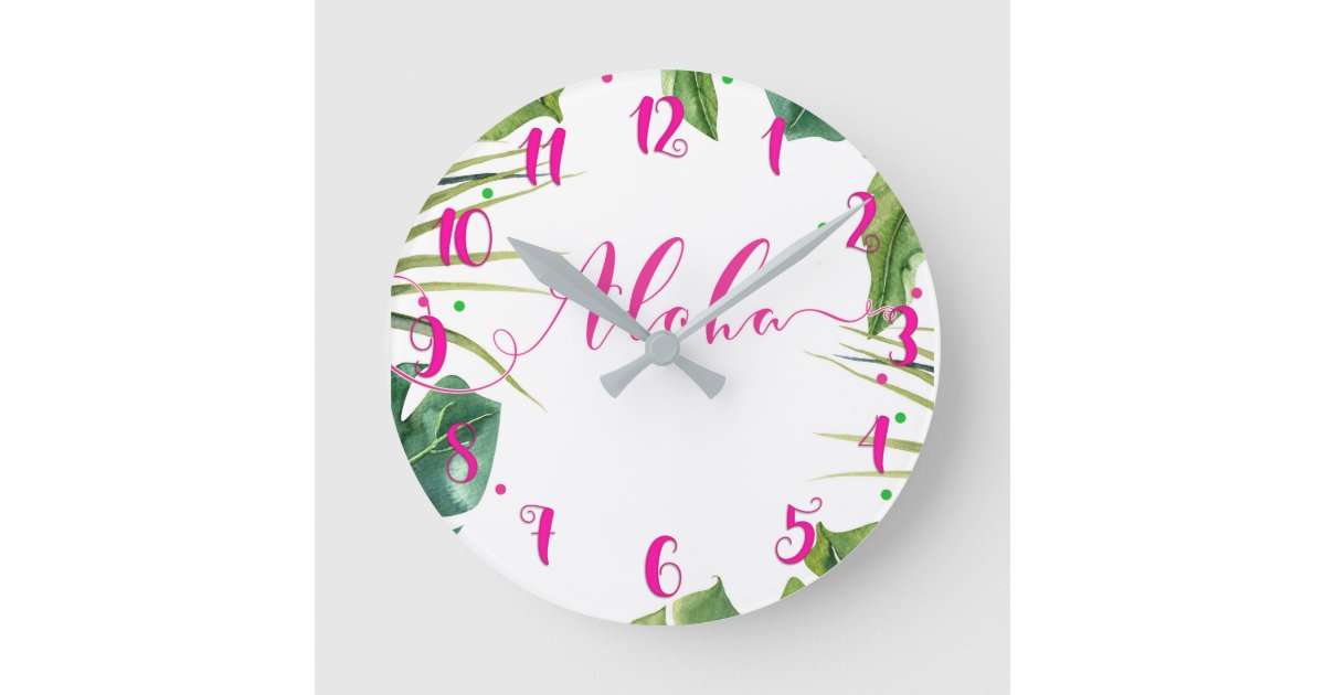 Hot Pink ALOHA Tropical Leaves Botanical Round Clock | Zazzle