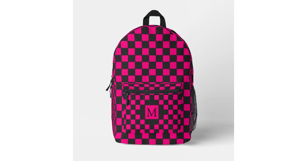 Hot Pink and Black Checkerboard Pattern Monogram Printed Backpack | Zazzle