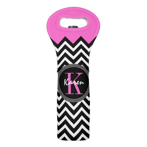 Hot Pink and Black Chevron Monogrammed Wine Bag | Zazzle