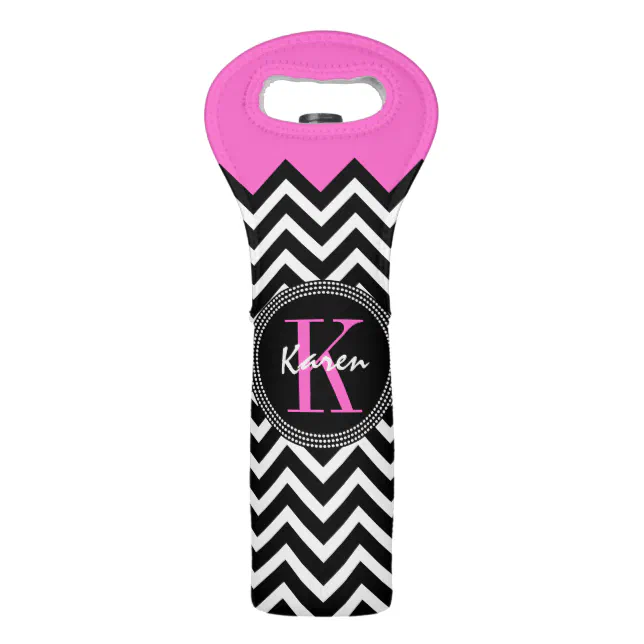 Hot Pink and Black Chevron Monogrammed Wine Bag | Zazzle