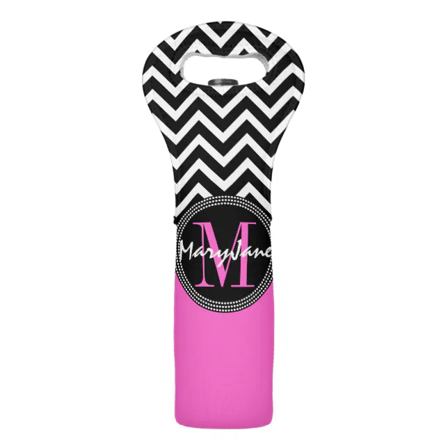 Hot Pink and Black Chevron Monogrammed Wine Bag | Zazzle