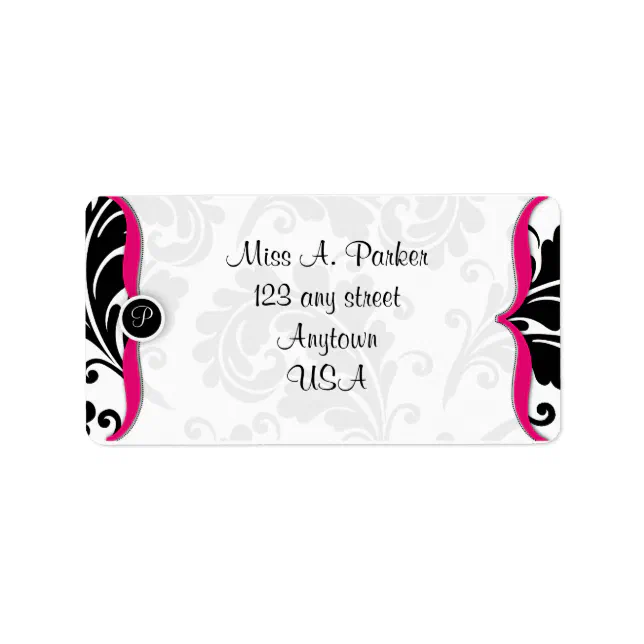 Hot Pink and black damask Address label | Zazzle