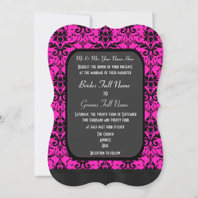 Hot pink and black damask wedding invitation | Zazzle