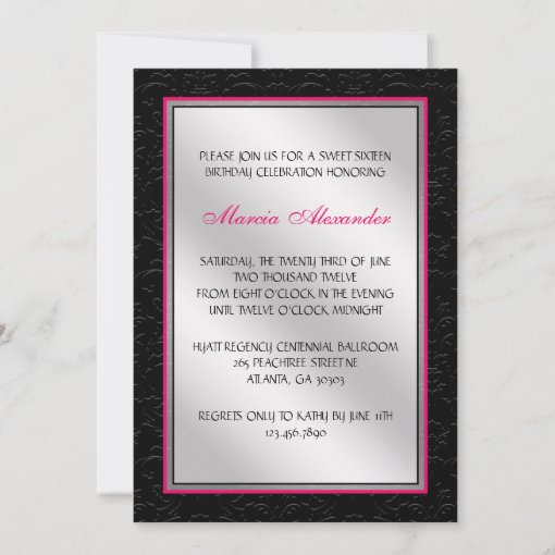 Hot Pink and Black Floral Damask Diamond Heart Invitation | Zazzle