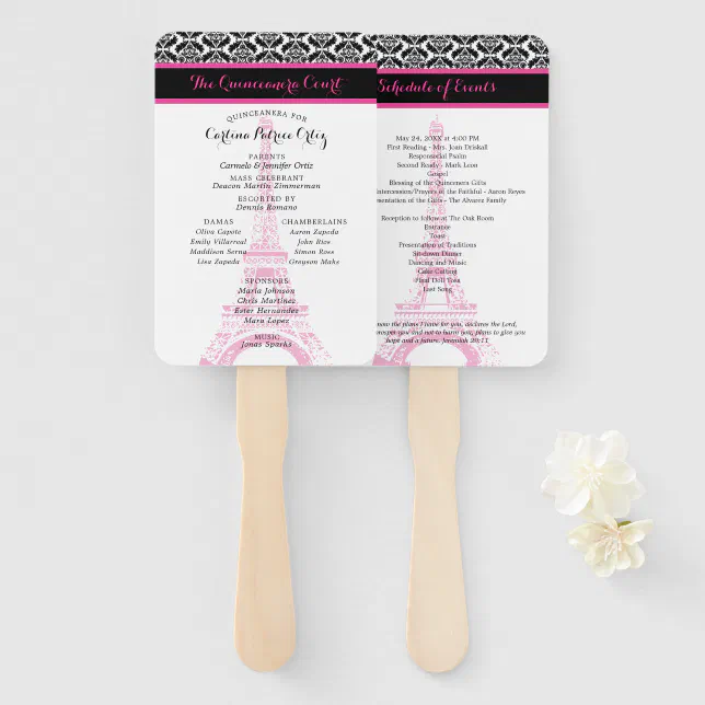 Hot Pink and Black Paris Quinceanera Program Hand Fan | Zazzle