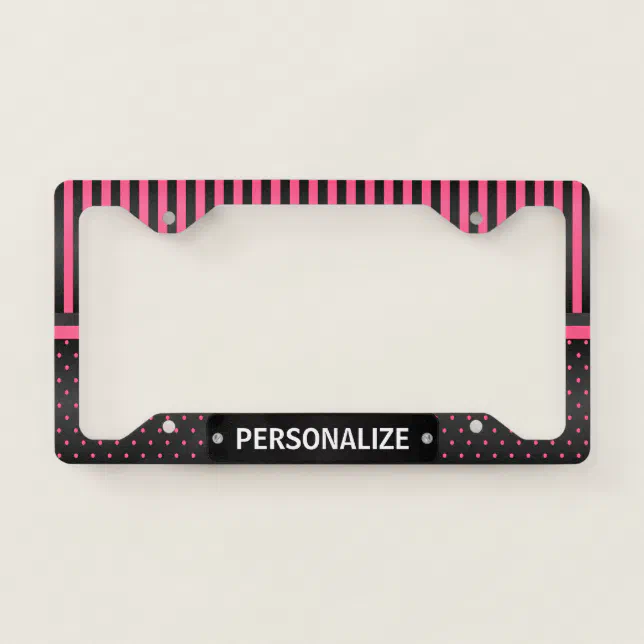 Hot Pink and Black Polka Dot Stripes License Plate Frame | Zazzle