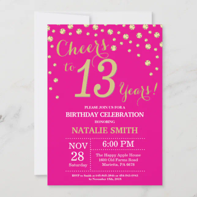 Hot Pink and Gold 13th Birthday Diamond Invitation | Zazzle