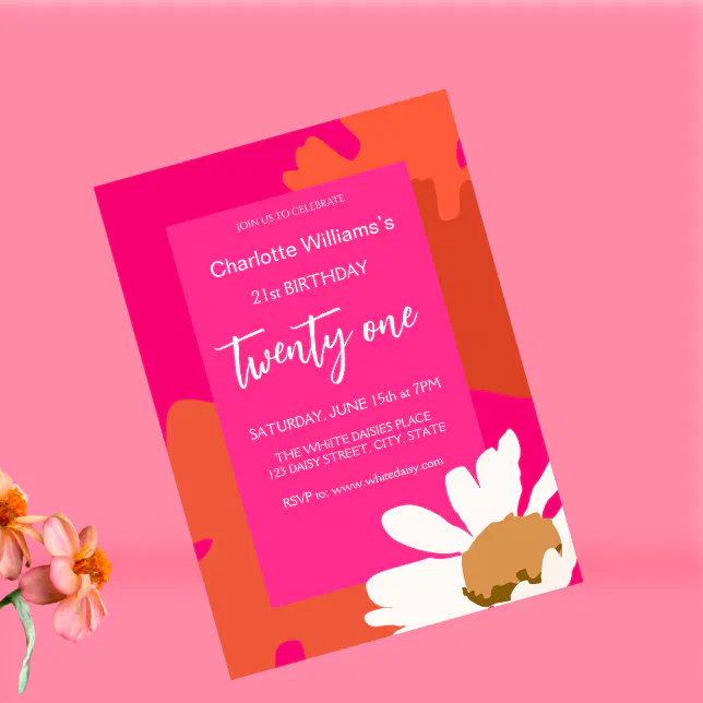 Hot Pink and Orange Daisy Floral Birthday Party Invitation | Zazzle