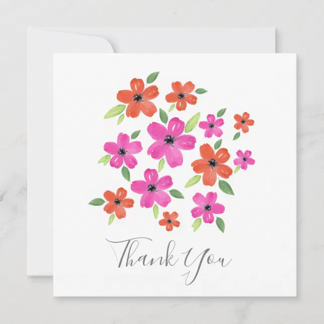 Hot Pink And Orange Watercolor Floral Motif Thank You Card Zazzle