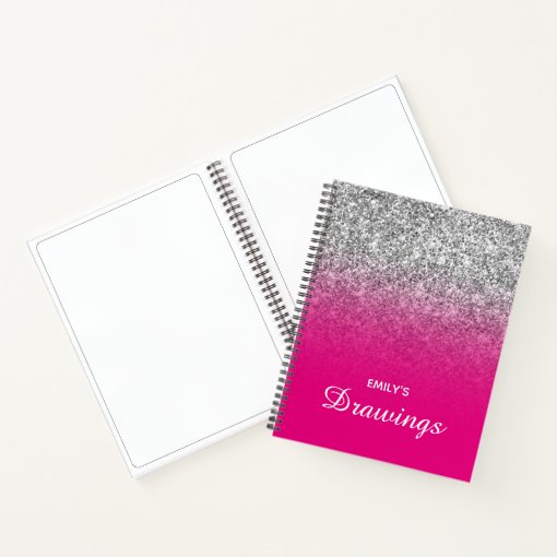 Hot Pink and Silver Glitter Ombre Drawing Notebook | Zazzle