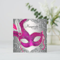 Hot Pink and Silver Mask Masquerade Party Invitation | Zazzle