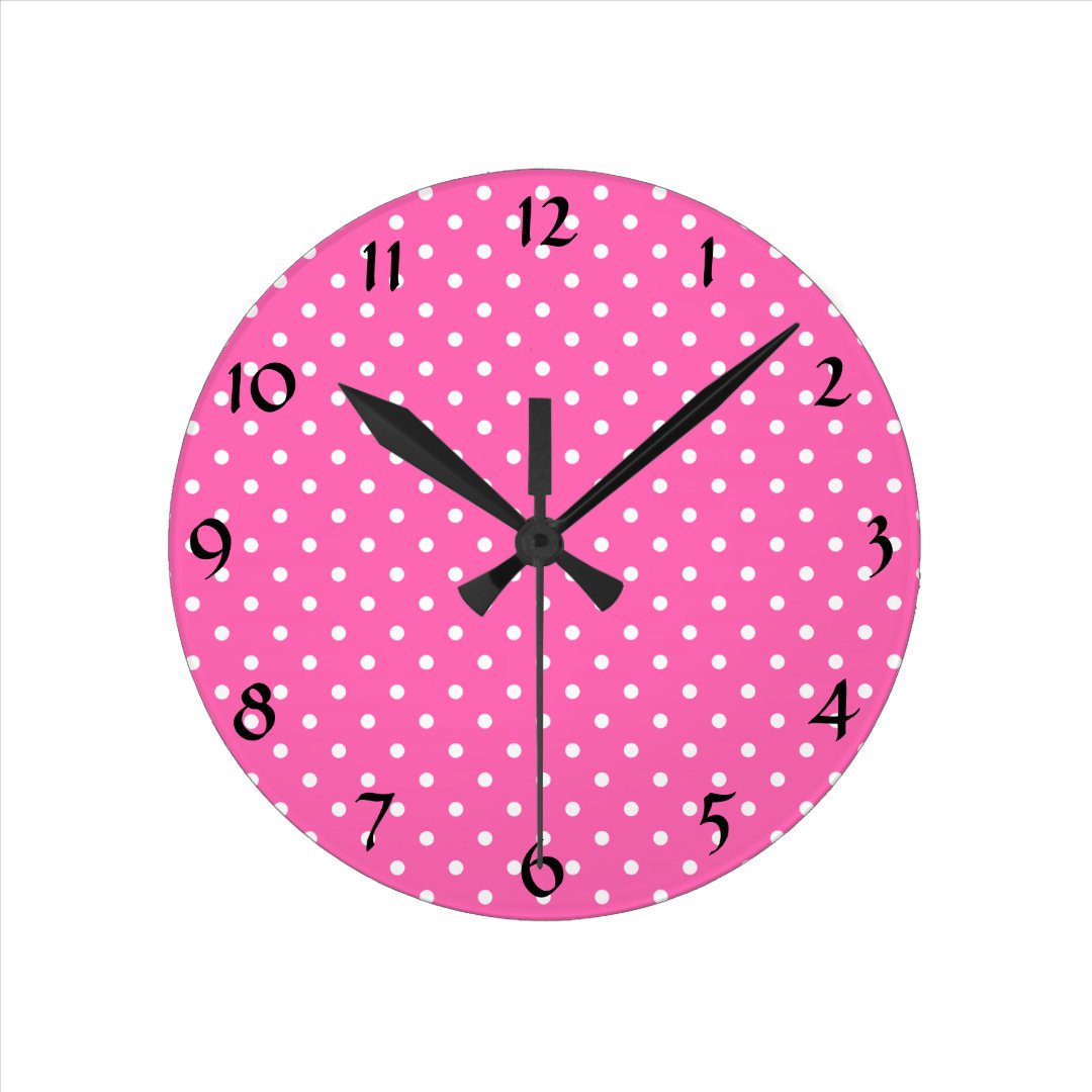 Hot Pink and White Polka Dot Pattern Round Clock | Zazzle