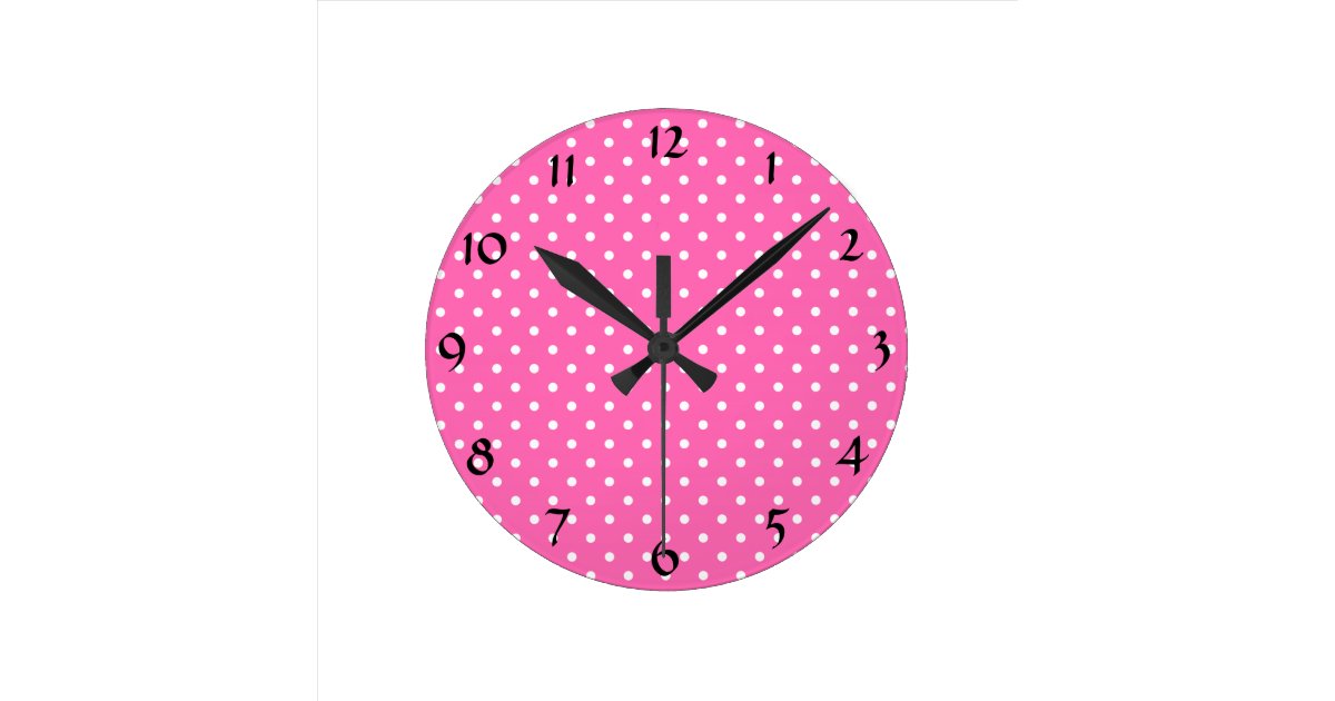Hot Pink and White Polka Dot Pattern Round Clock | Zazzle