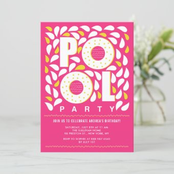 Hot Pink and Yellow Pool Party Splash Birthday Invitation | Zazzle