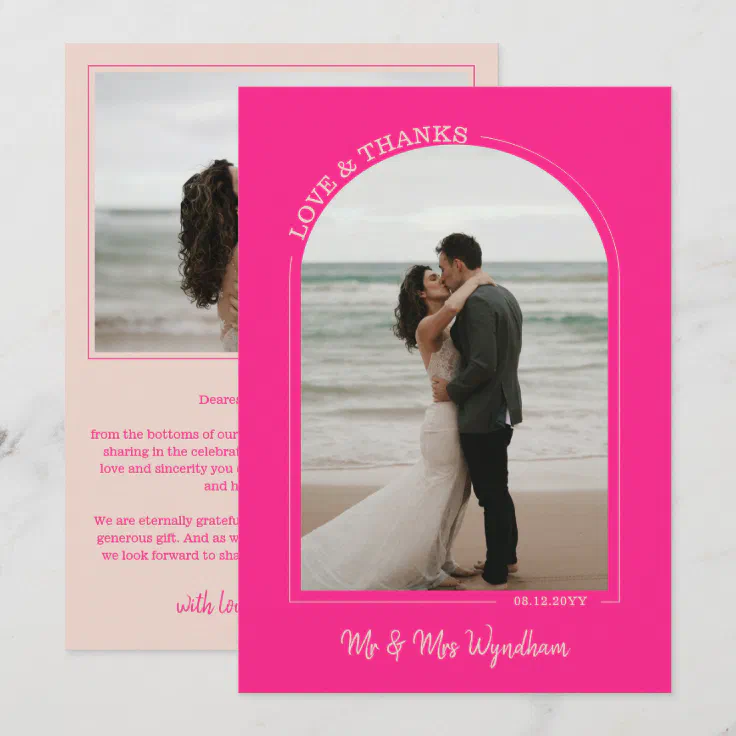 Hot Pink Arch Wedding Photo Love & Thanks Thank You Card | Zazzle